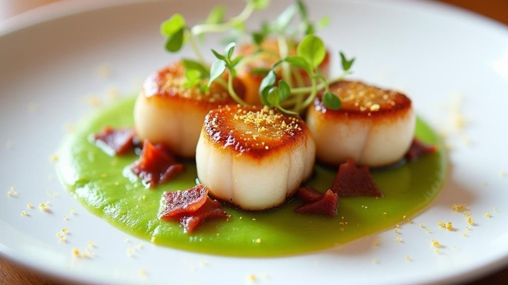 Pan-Seared Scallops With Pea Puree and Pancetta